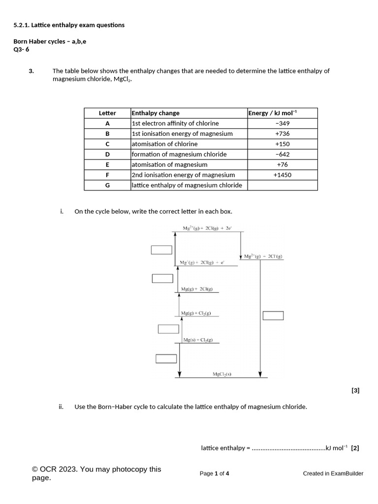Exam Questions Lattice Enthalpy 1 | PDF