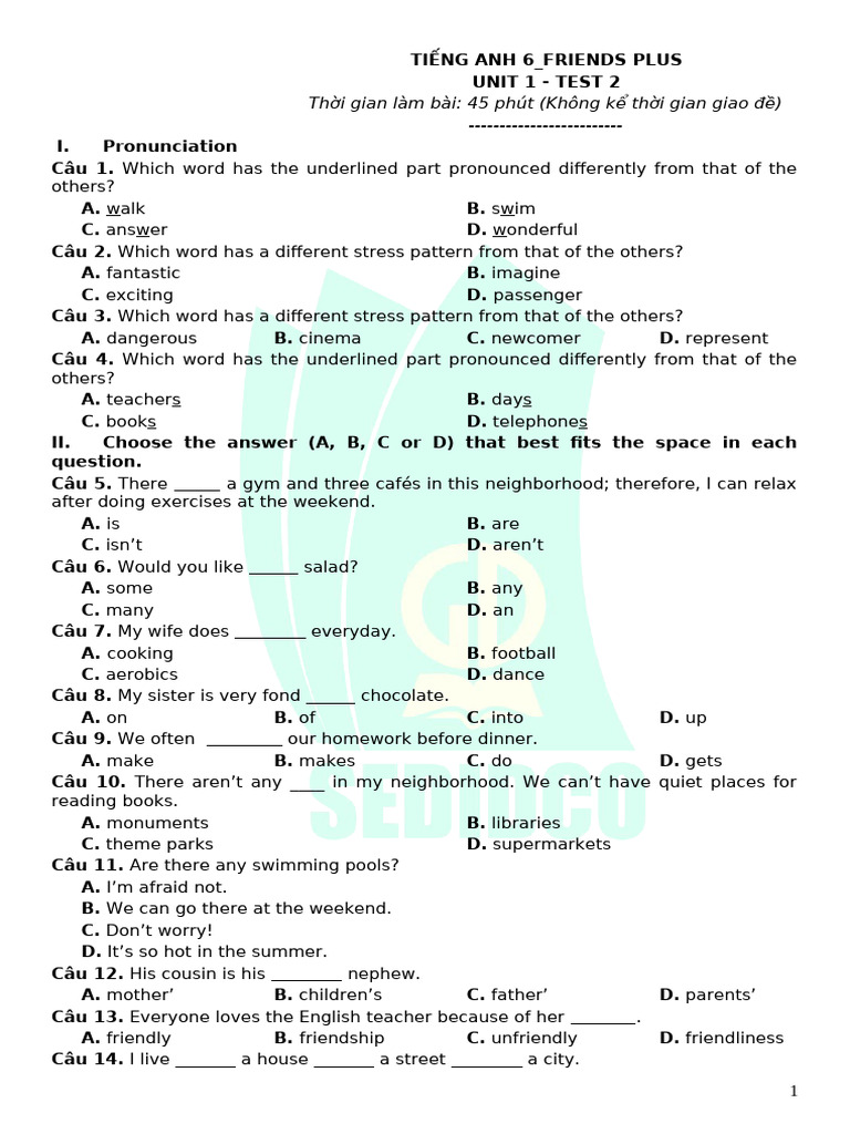 Tieng Anh 6 Friends Plus - Unit 1 - Test 2 | PDF