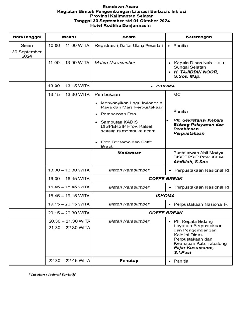 Rundown Acara Bimtek Inklusi | PDF