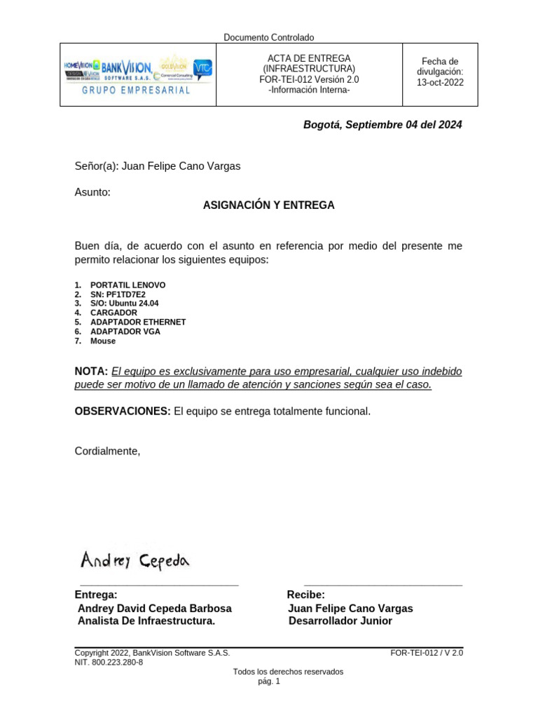 ACTA DE ENTREGA (INFRAESTRUCTURA) FOR-TEI-012 V.2 - Juan Felipe Cano Vargas 04-09-2024 | PDF