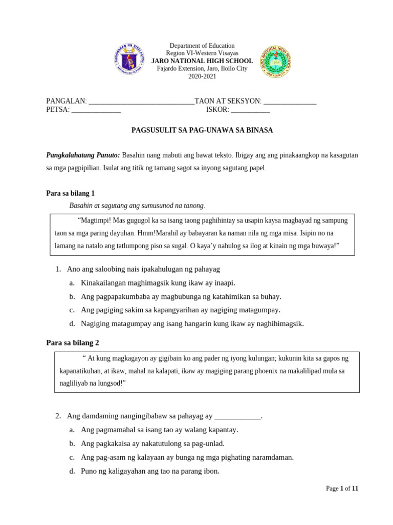 Pre-Post Test in Filipino | PDF