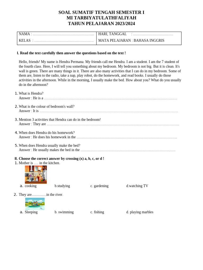 Soal PTS - STS Bahasa Inggris Kelas 4 Semester 1 Kurikulum Merdeka T.A 2023-2024 | PDF