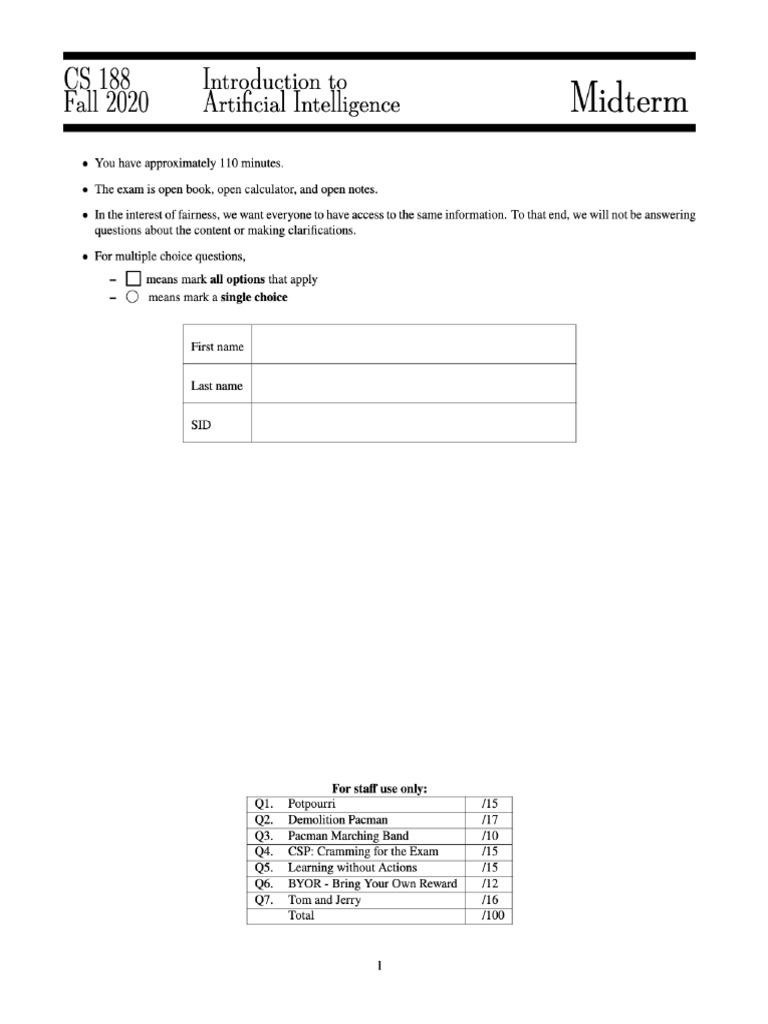 cs188 Fa20 mt1 Sol | PDF