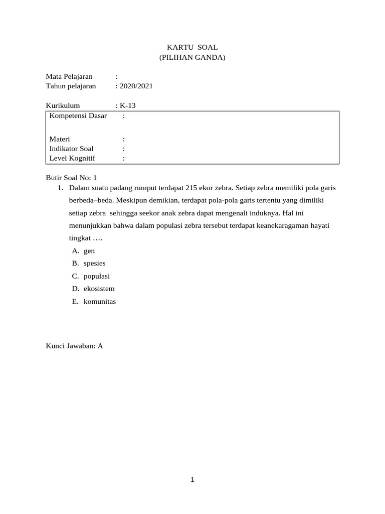 Kartu Soal Bio Utama 2021 Bag.1 | PDF