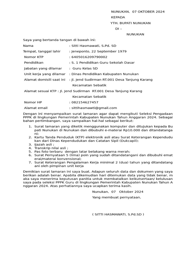 Hasma Guru Format Lamaran Pernyataan Dan Pengalaman Kerja P3K 2024 | PDF