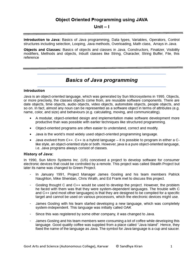 Java Programming Unit 1 | PDF