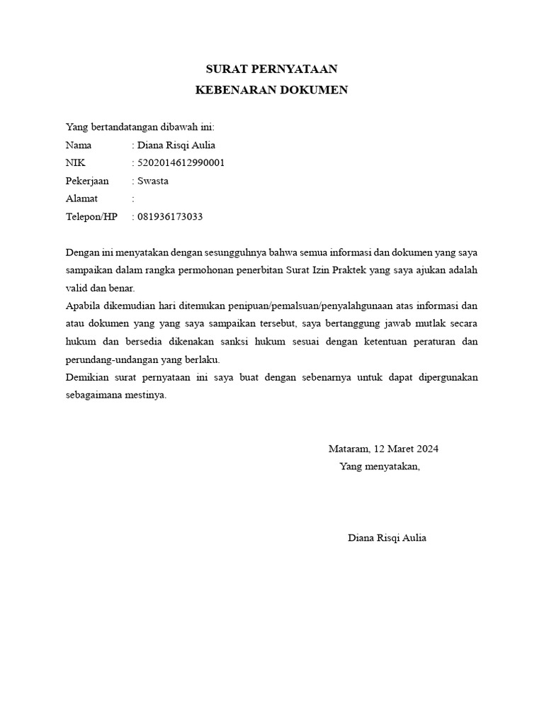 Surat Pernyataan Kebenaran Dokumen | PDF