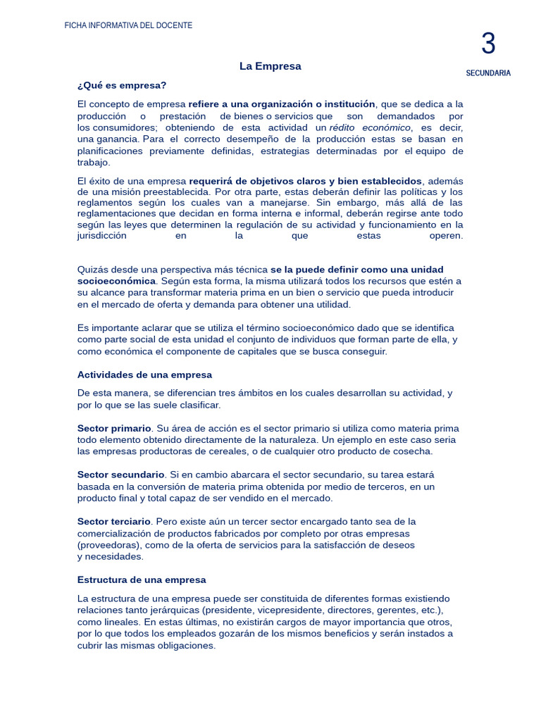 La Empresa FICHA DEL DOCENTE 3 GRADO | PDF