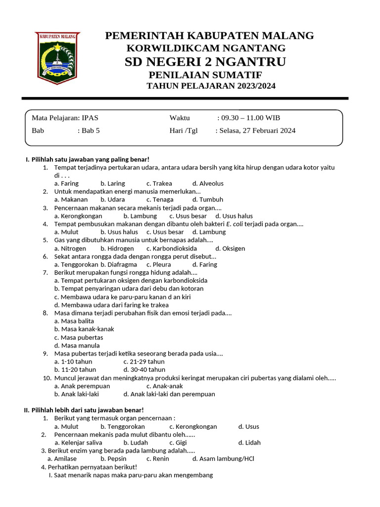 Sumatif Harian Kelas 5 Ipas Bab 5 | PDF