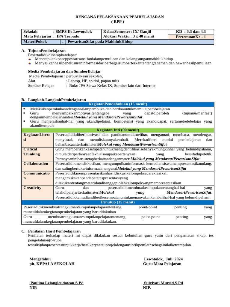 RPP 3 Daring IPA Kelas 9 Sem.1 - WWW - Kherysuryawan.id | PDF