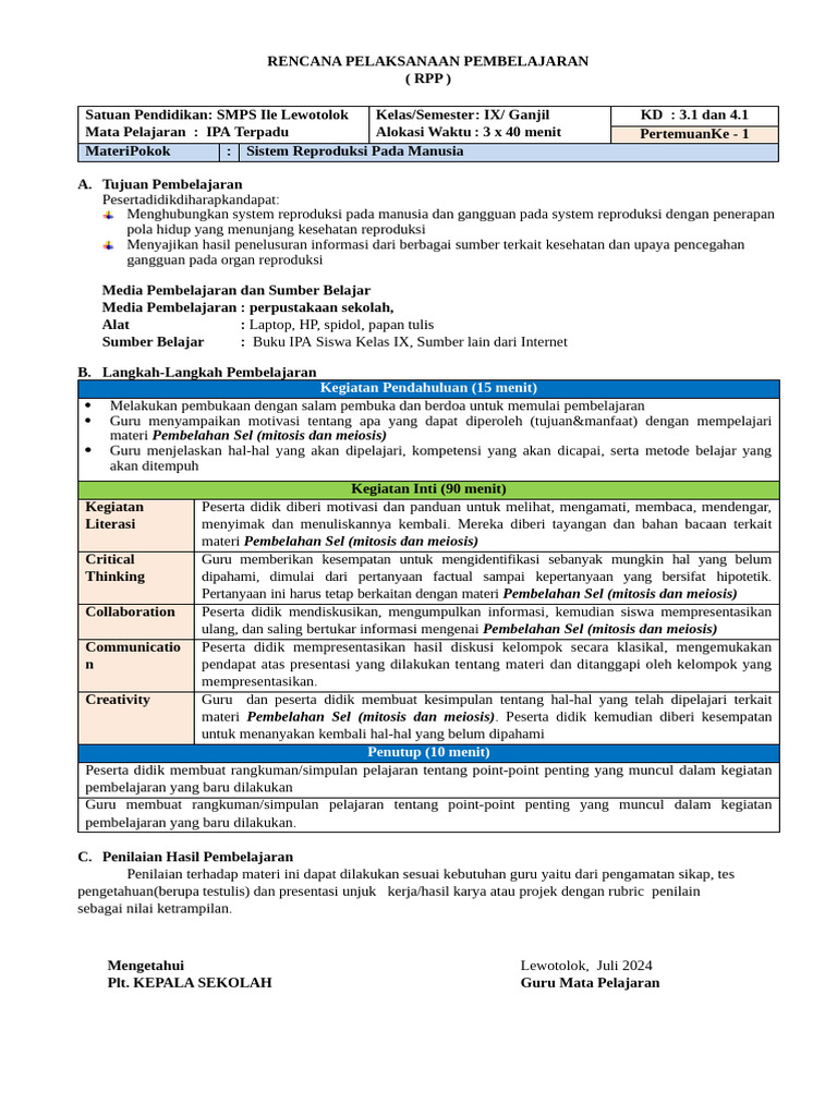 RPP 1 Daring IPA Kelas 9 Sem.1 - WWW - Kherysuryawan.id | PDF