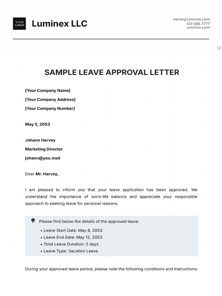 Free Sample Leave Approval Letter Template | PDF