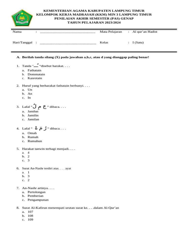 Format Soal Alquran Hadist Kelas 1 | PDF
