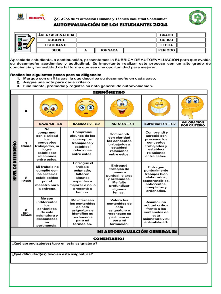 Rubrica Autoevaluación Estudiantes 2024 | PDF | Aprendizaje | Cognición