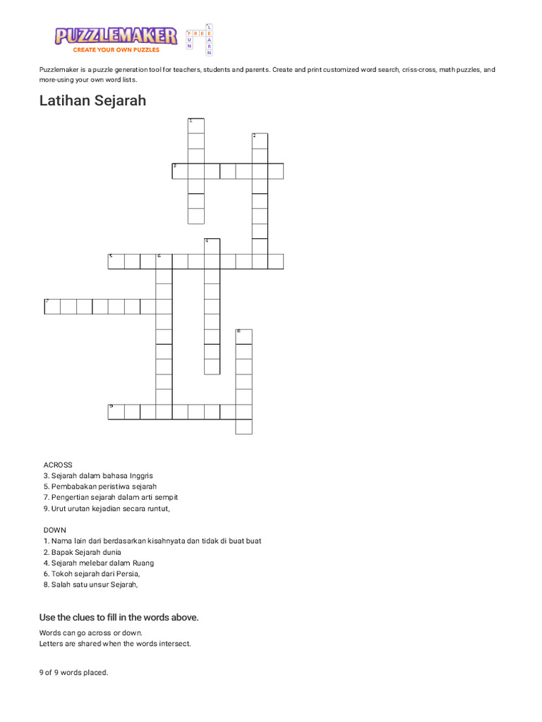 Criss Cross Puzzle - Discovery Education Puzzlemaker | PDF