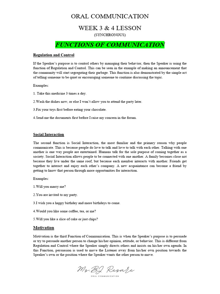 Week 3 & 4 Functions of Communication - Verbal and Nonverbal Communication | PDF