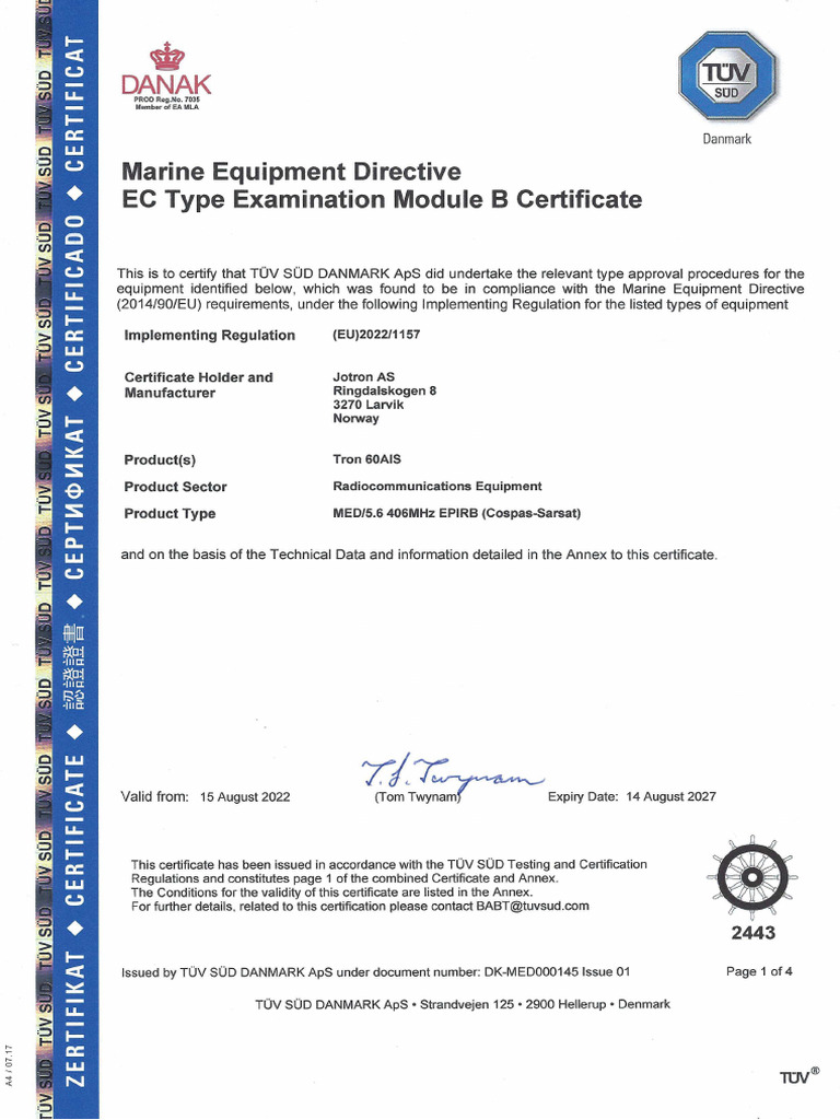 3950 063 JOTRON Tron 60 AIS MED B Certificate | PDF