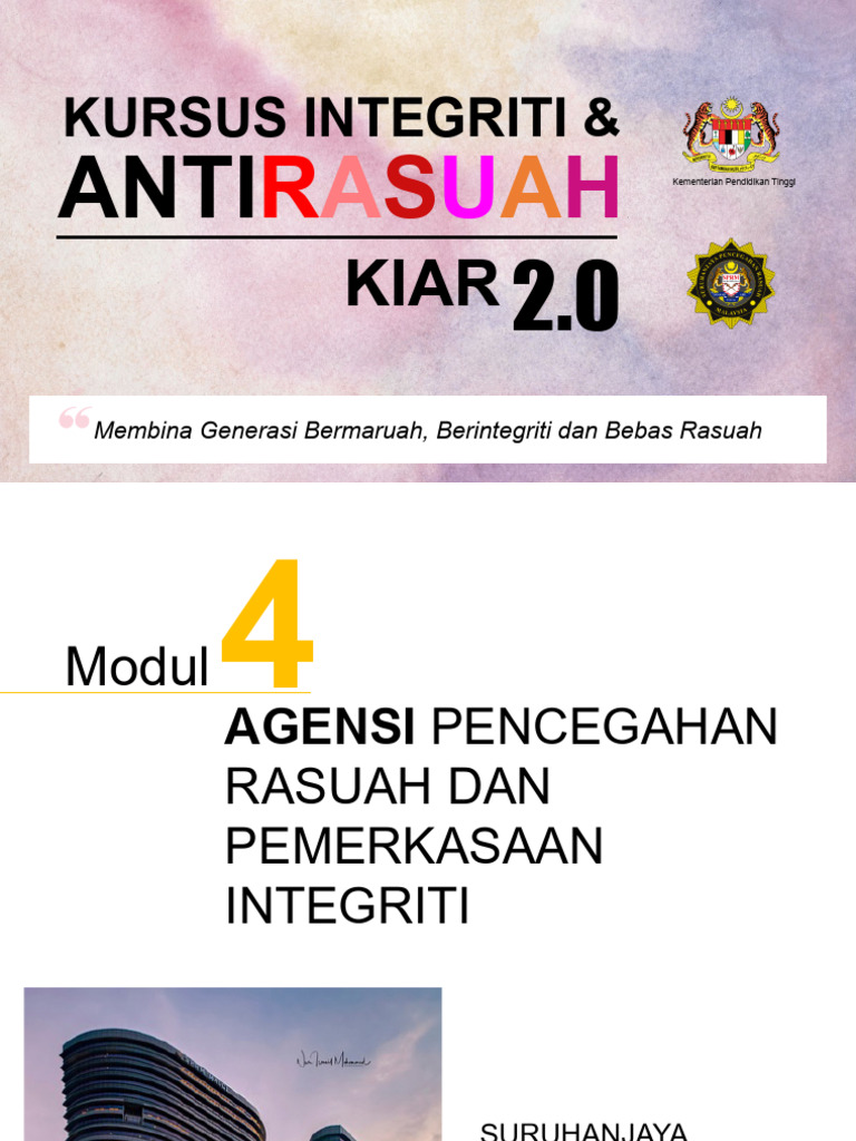 MODUL KIAR 2023 - 4 Agensi-Agensi Berkaitan Pencegahan Rasuah Dan Pembudayaan Integriti | PDF