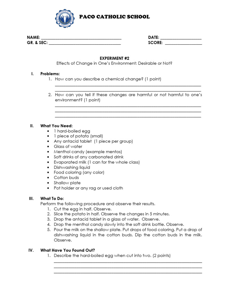 Grade 4 - Experiment 2 | PDF