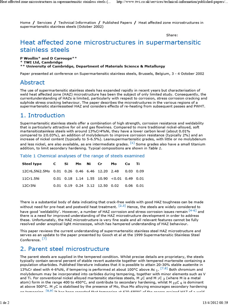 Heat affected zone microstructures in supermartensitic stainless steels ...
