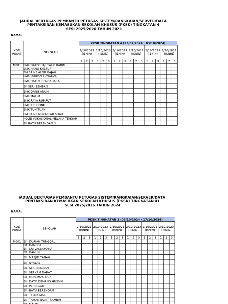 SESI 2025_20265 Jadual Bertugas JTK | PDF