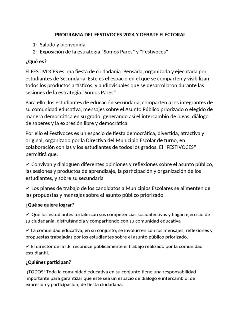 Programa Del Festivoces 2024 y Debate Electoral | PDF