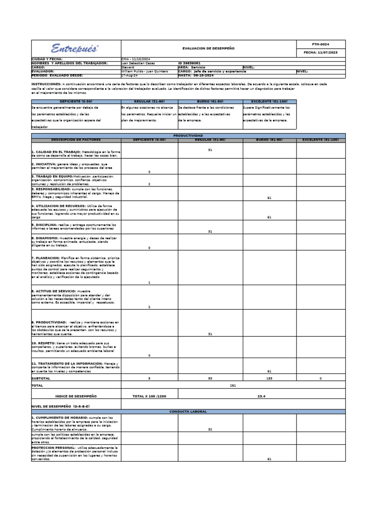 Formato Evaluacion de Desempeño | PDF