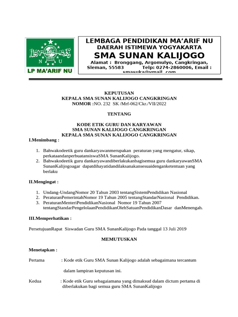 Sk Tentang Kode Etik Sekolah 2024-2025 | PDF