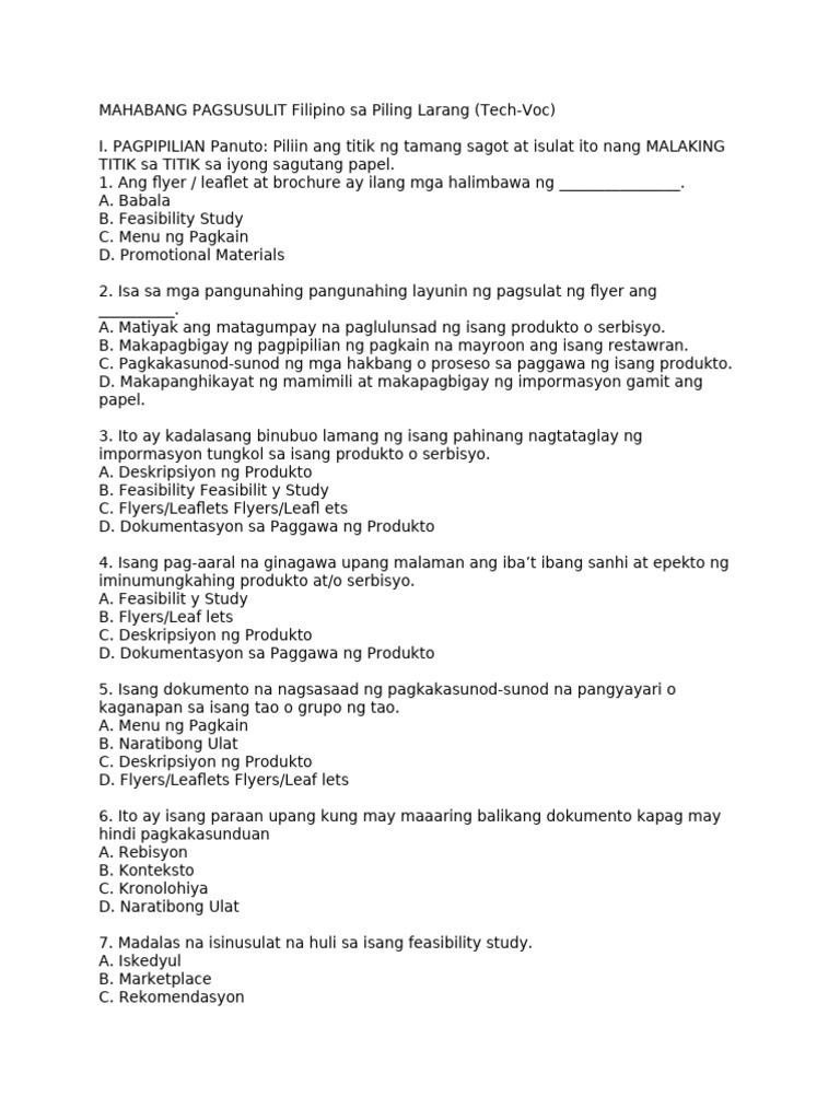 MAHABANG PAGSUSULIT Filipino Sa Piling Larang | PDF