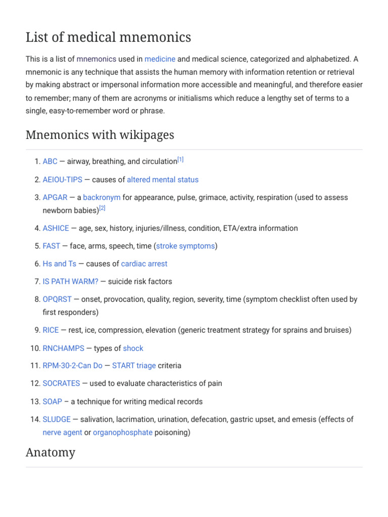 List of Medical Mnemonics - Wikipedia | PDF