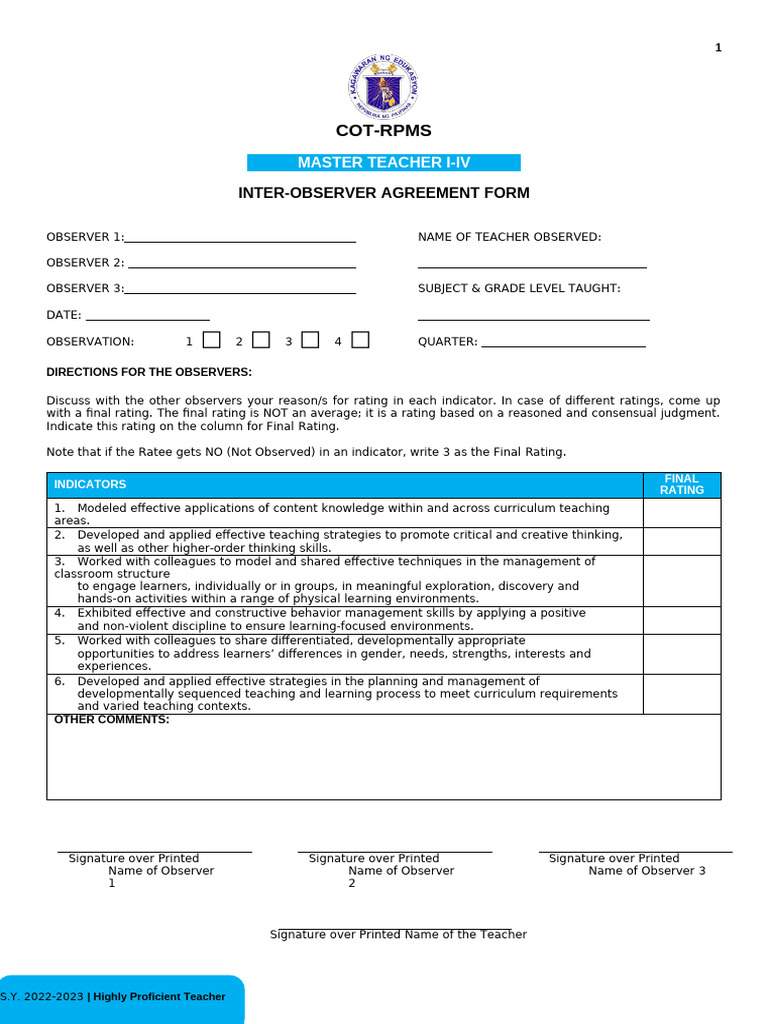 (Appendix C-12) COT-RPMS Inter-Observer Agreement Form For MT I-IV For ...