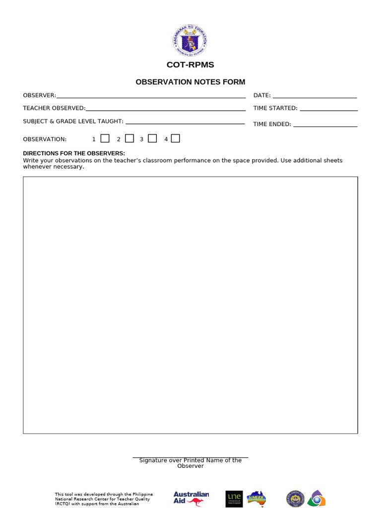 (Appendix C-08) COT-RPMS Observation Notes Form | PDF