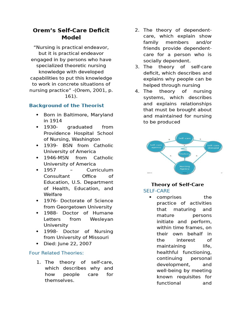 Orem's Self-Care Deficit Model: Background of The Theorist | PDF