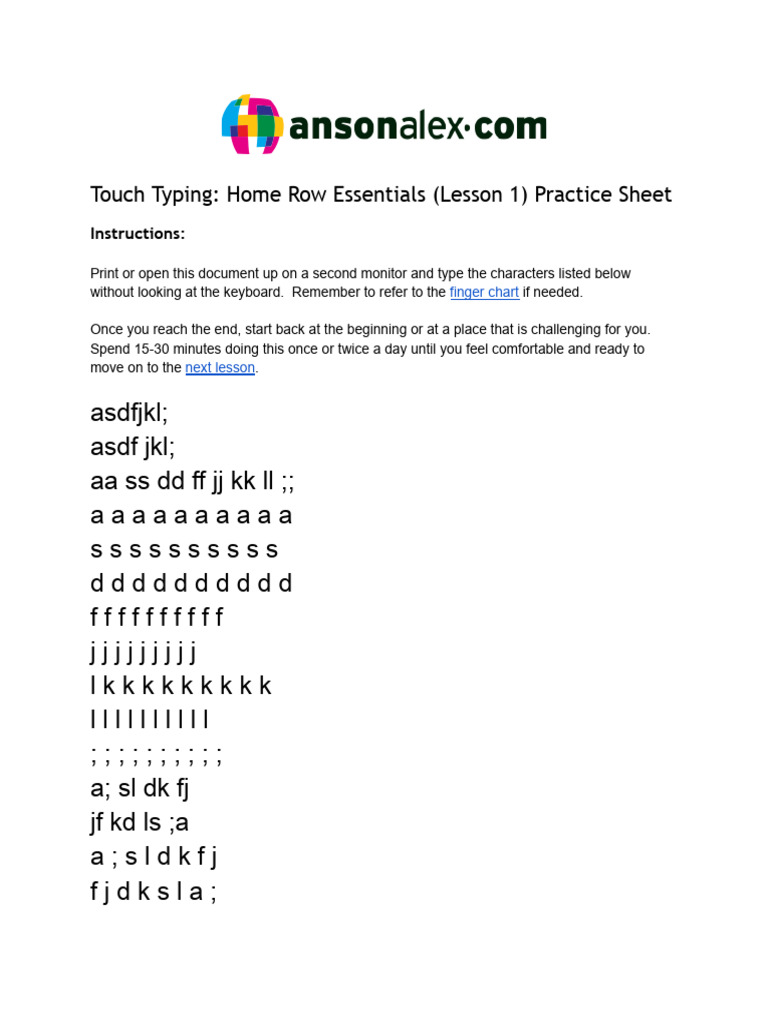 Touch Typing Lesson 1 Practice Sheet 1 Pdf