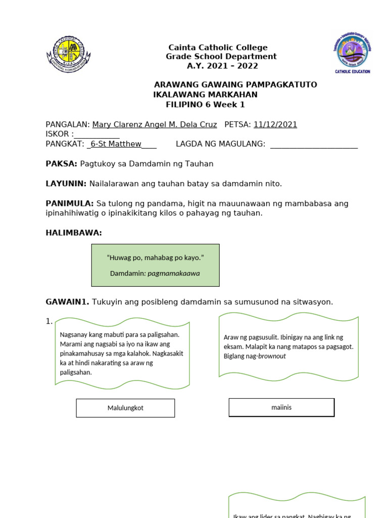DLA 1 Filipino Grade 7 | PDF