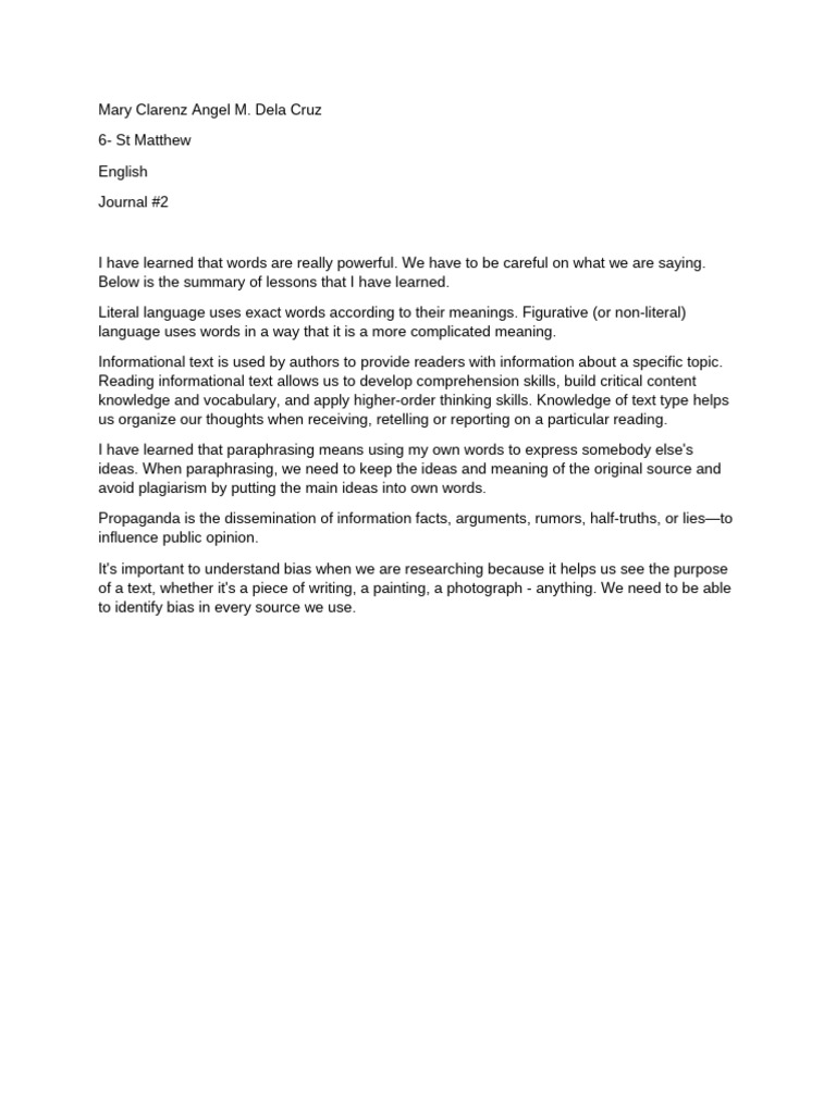 Journal 2 Grade 7 | PDF