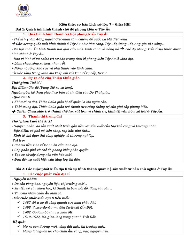 Lịch sử 7 - Kiến thức cơ bản giữa HKI | PDF