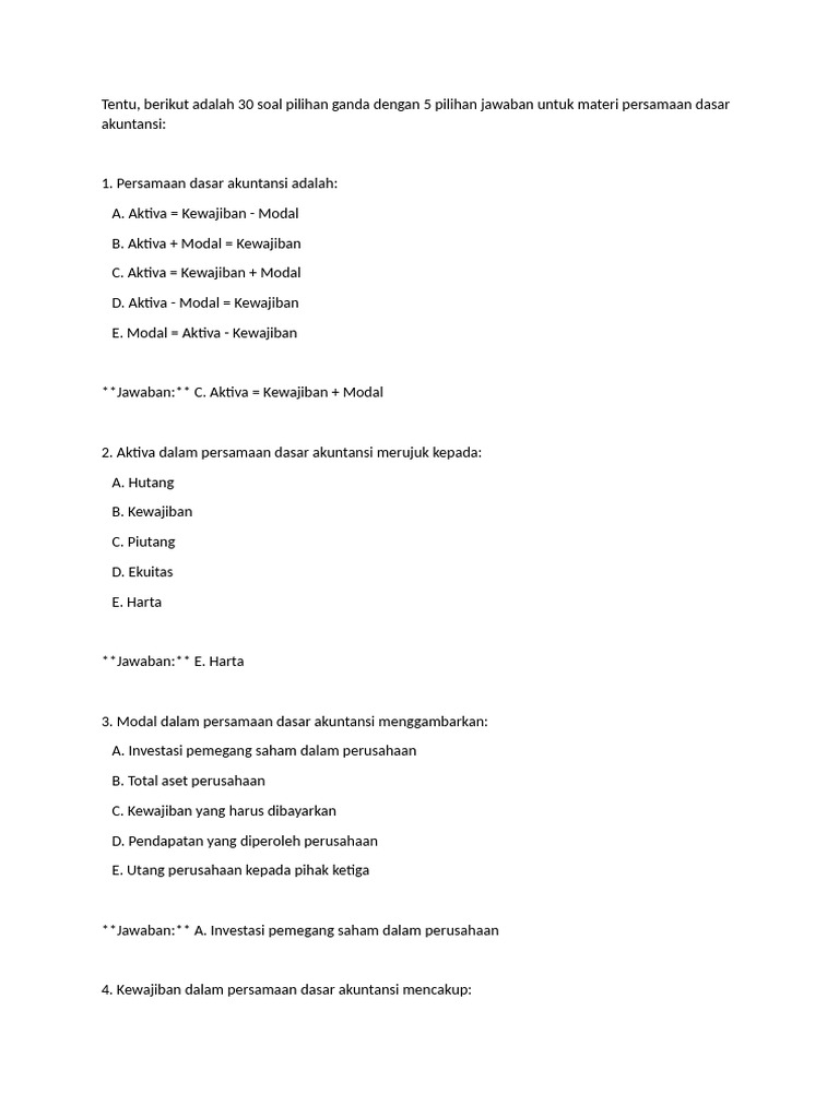 Soal Pilgan Persamaan Dasar Akuntansi | PDF
