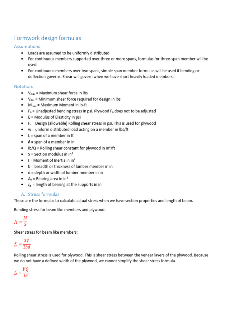 Formwork Design Formulas | PDF