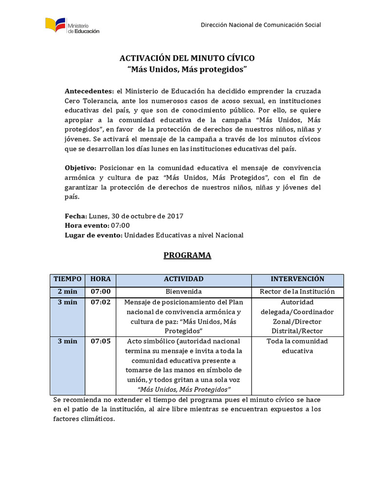 Minuto C+¡vico (Lineamientos y Programa) M+ís Unidos M+ís Protegidos | PDF