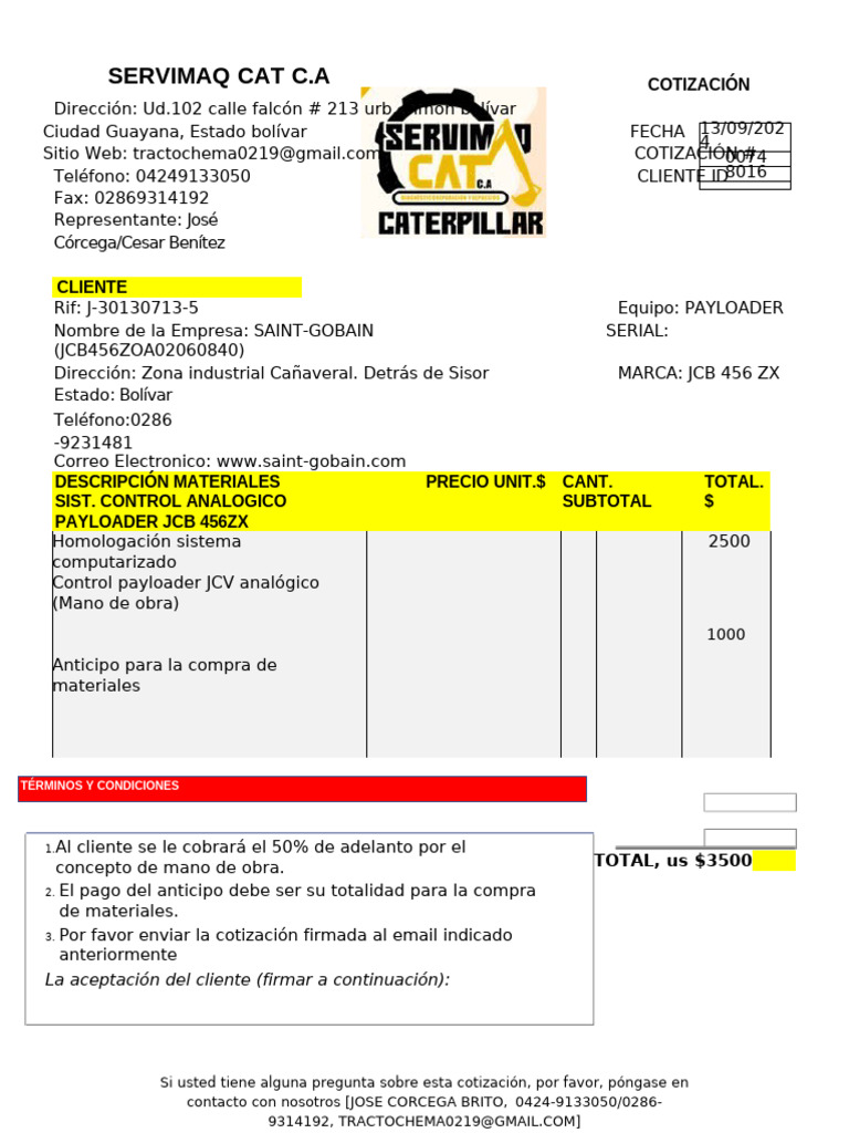 Cotizacion Payloader JCB 456ZX-1 | PDF
