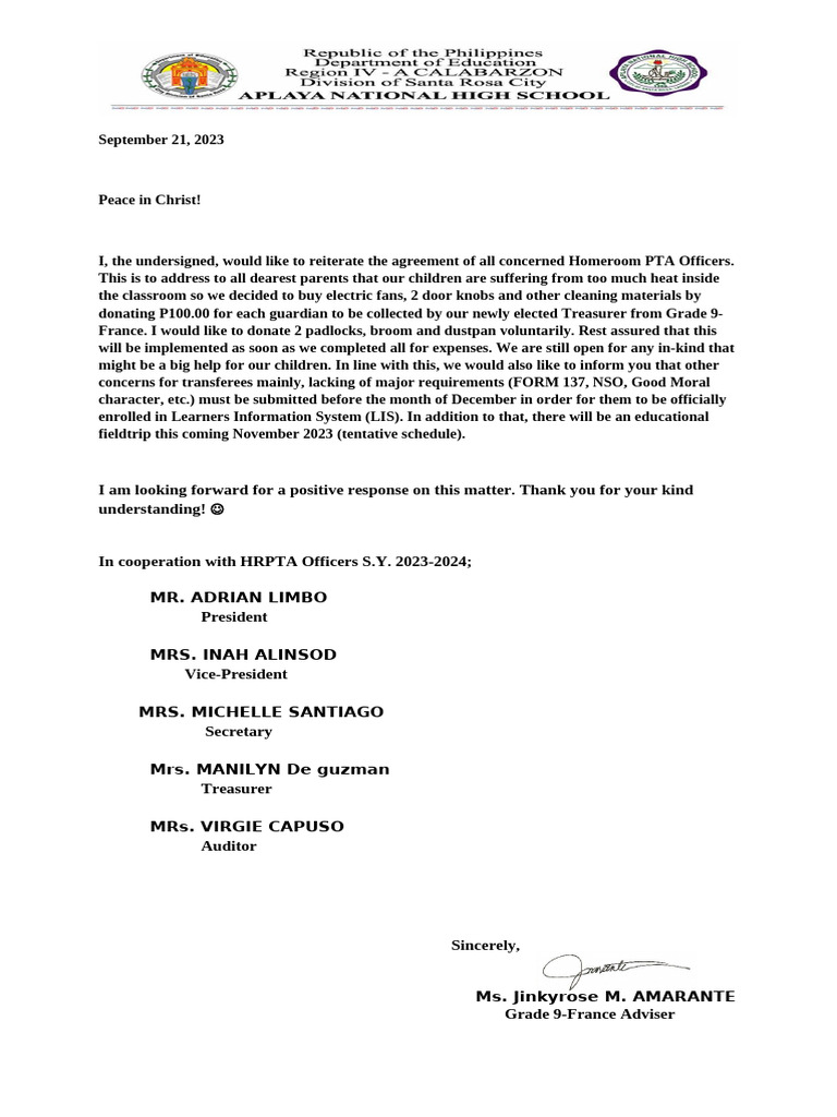 PTA-request letter 2022-2023 | PDF