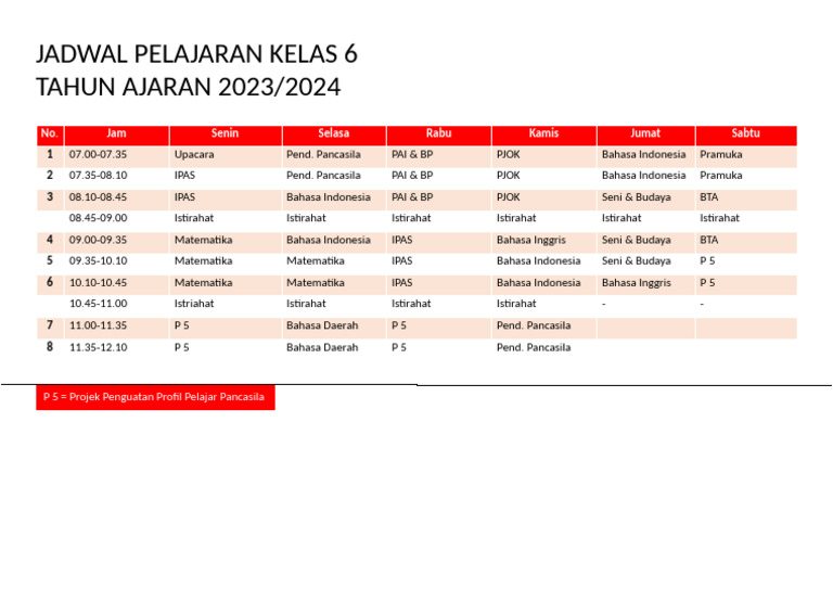 Jadwal Pelajaran Kelas 6 | PDF