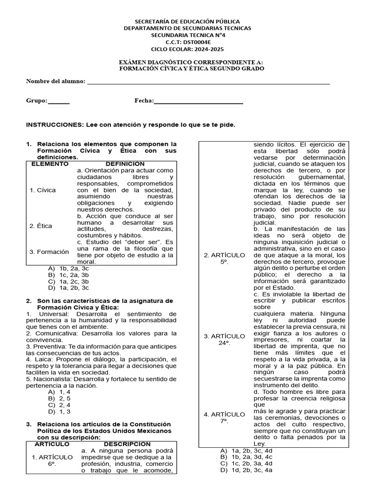 Examen Diagnostico Fce 2 Secundaria | PDF