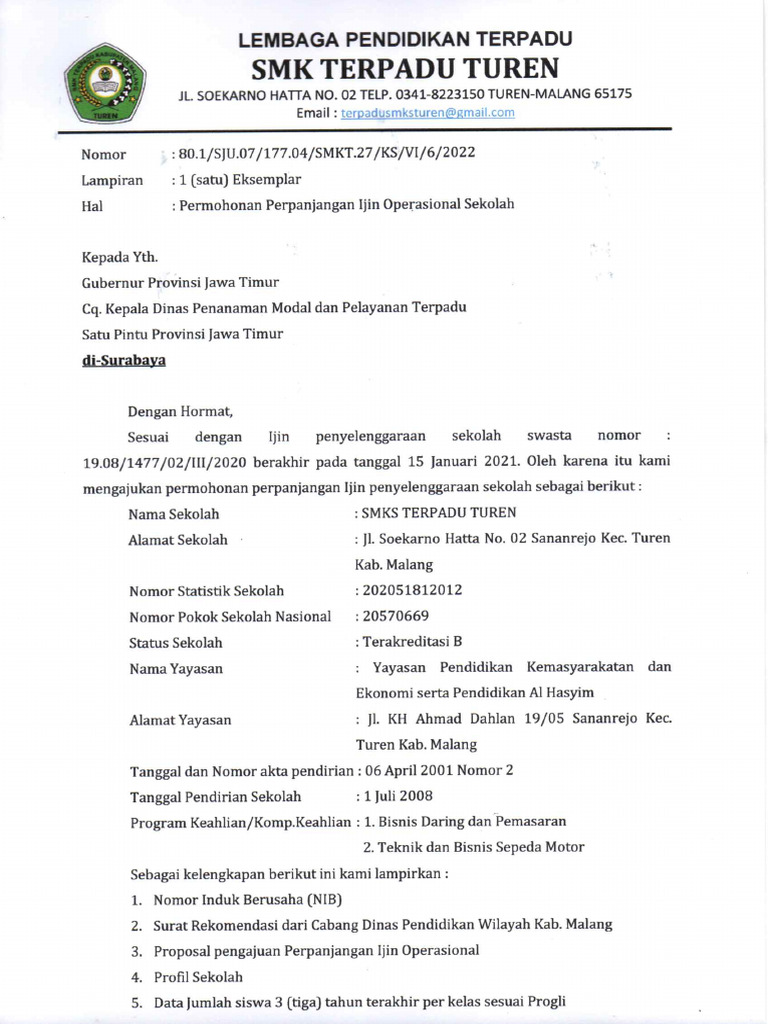 Surat Permohonan Ijin Operasional | PDF