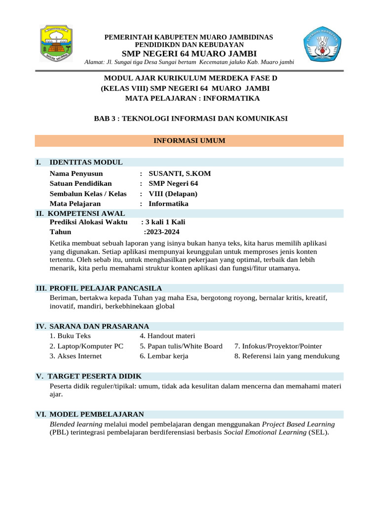 Modul Ajar Informatika - TEKNOLOGI INFORMASI DAN KOMUNIKASI - Fase D | PDF