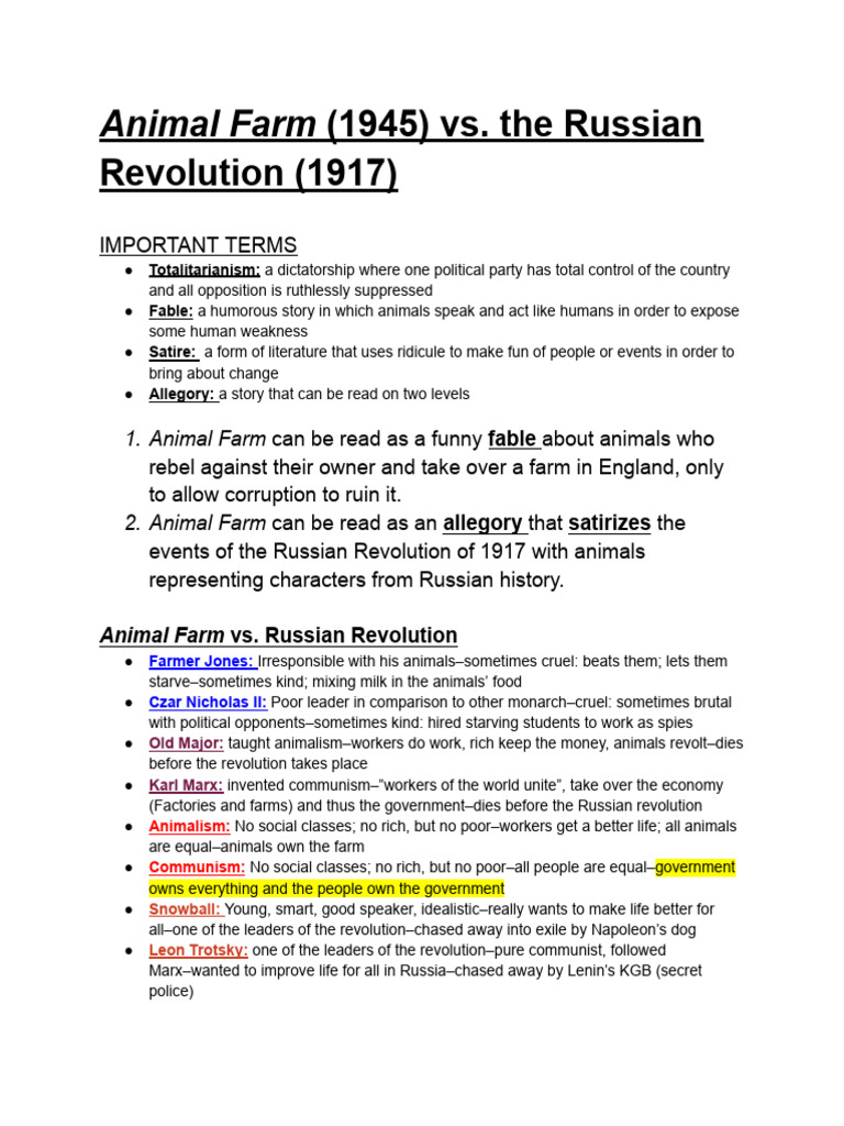 Notes Animal Farm vs. Russian Revolution | PDF