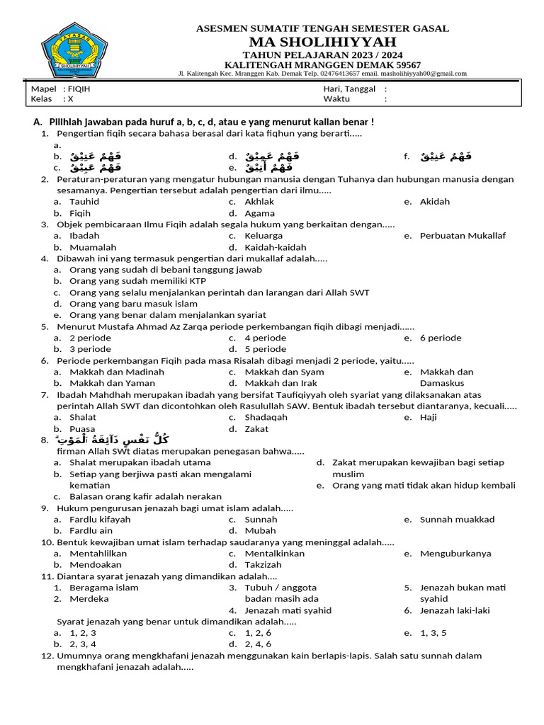 PTS FIKIH. Kelas 10 | PDF