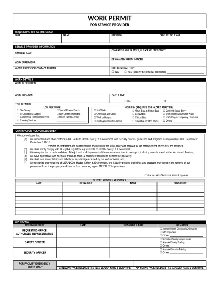 Work Permit Meralco Pull Out | PDF