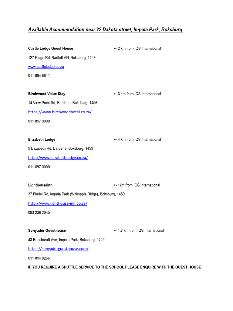 List of Accommodation | PDF